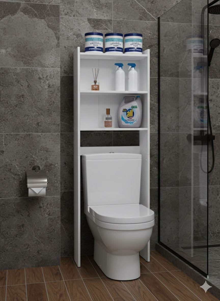 Стеллаж для ванной напольный, над унитазом, ЛДСП, белый, матовый, открытый