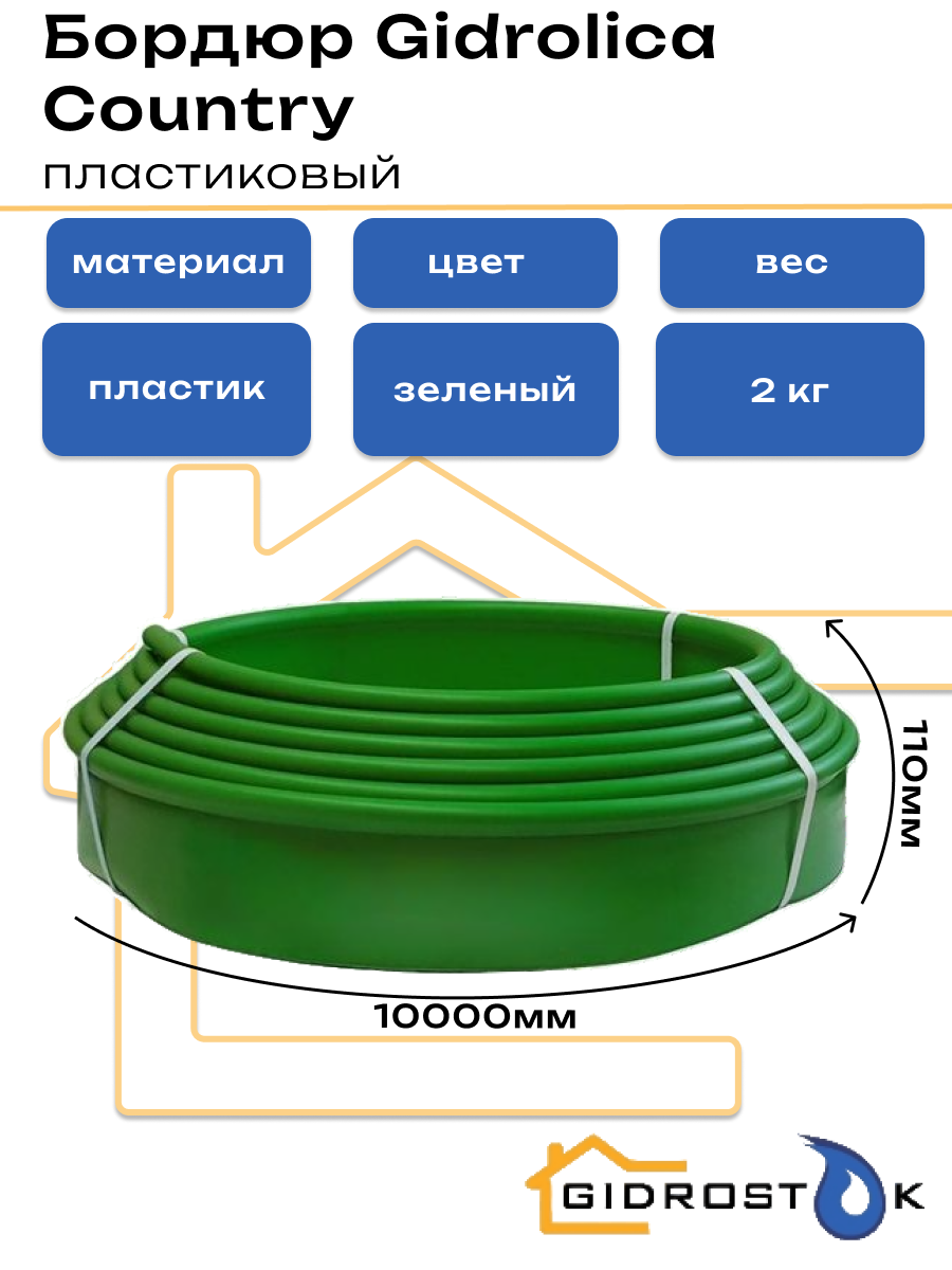 Бордюр садовый пластиковый зеленый Gidrolica Country (Кантри) длина 10 метров, высота 110 мм
