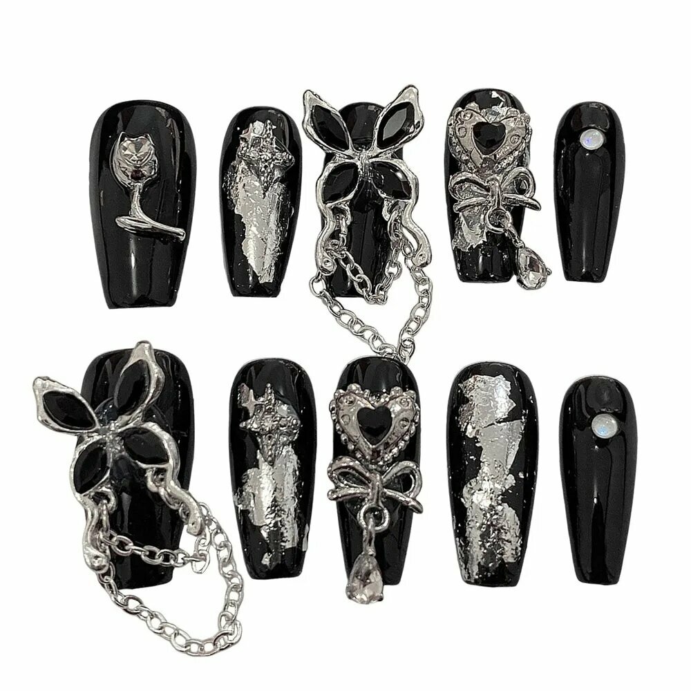 Длинные черные искусственные ногти с бабочками, 10 шт, размер M