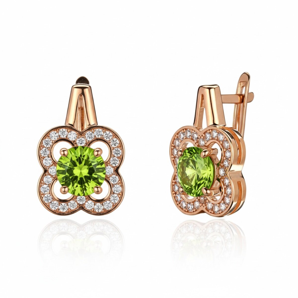 Серьги, красное золото, 585 проба, хризолит, фианит