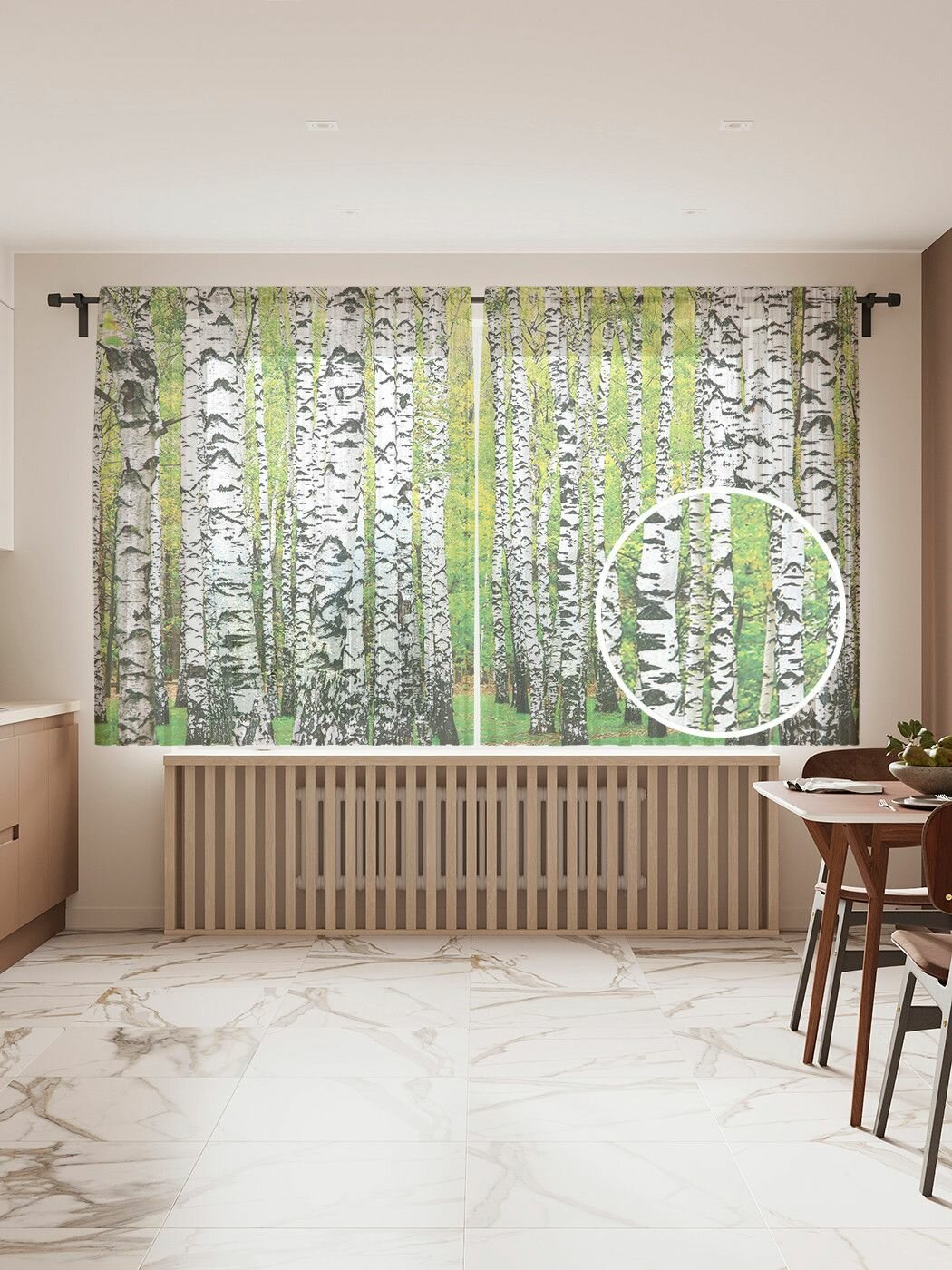 Тюль, фототюль короткий JoyArty "Березовая роща" высота 180 см, ширина 145 см (2 полотна) на шторной ленте, крючки в комплекте