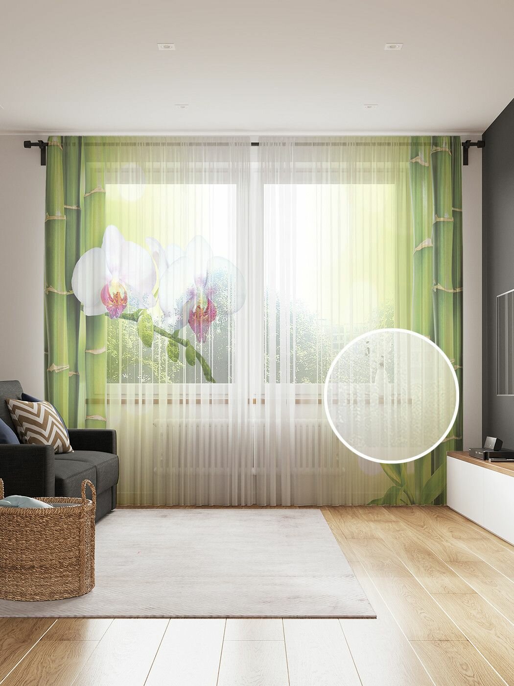 Тюль, фототюль длинный JoyArty "Орхидея и бамбук" высота 265 см, ширина 145 см (2 полотна) на шторной ленте, крючки в комплекте