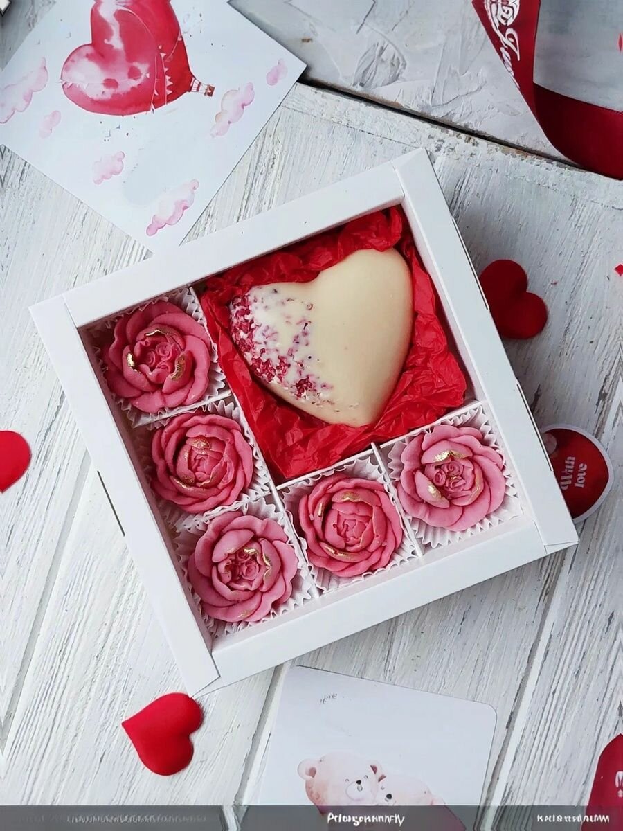 Сердце и шоколадные розы в коробке, Сладкий подарок на день рождения/14 февраля/8 марта ShokoTrendy