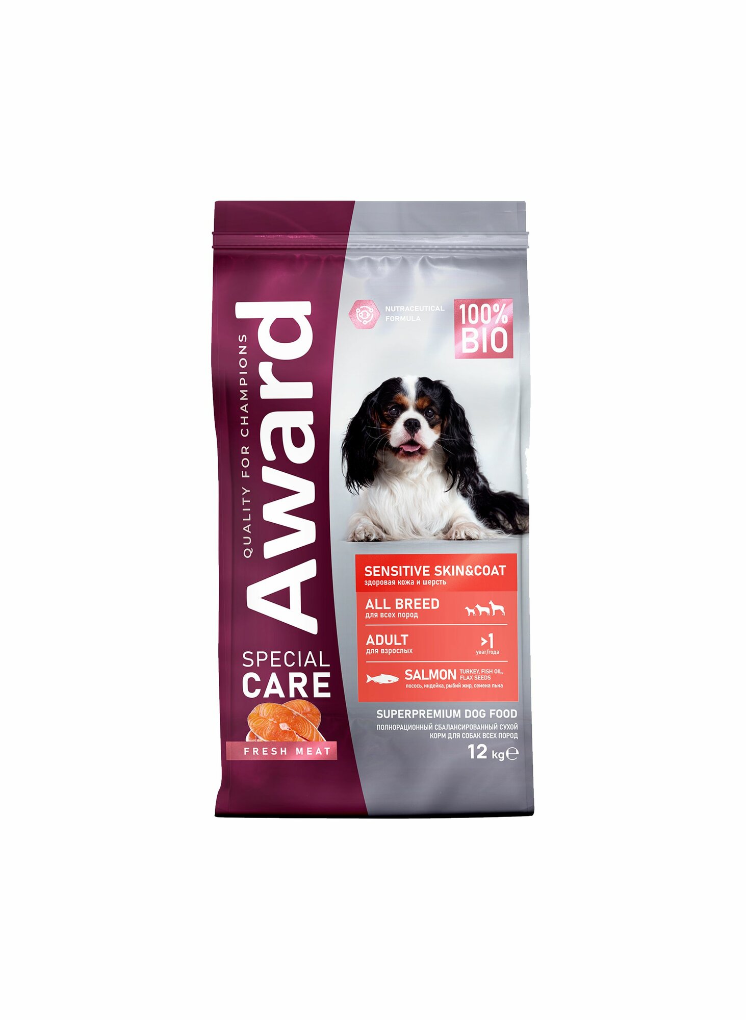 Сухой корм AWARD SPECIAL CARE Sensitive Skin&Coat для взрослых собак всех пород для здоровой кожи и шерсти со свежим лососем 12кг