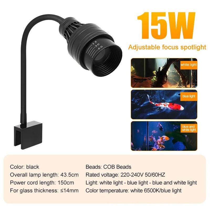 LED лампа для аквариума TUNFAN 15W, белый/синий свет, регулируемый фокус