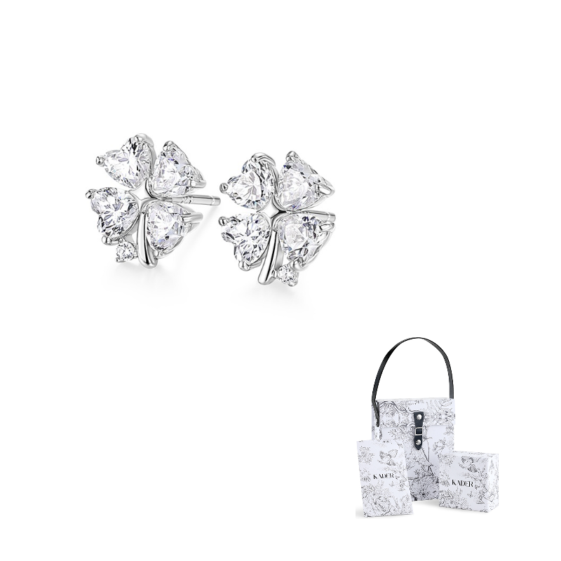 Гвоздики женские KADER Lucky Four Leaf Clover серебряные, S925, с белой подарочной коробкой