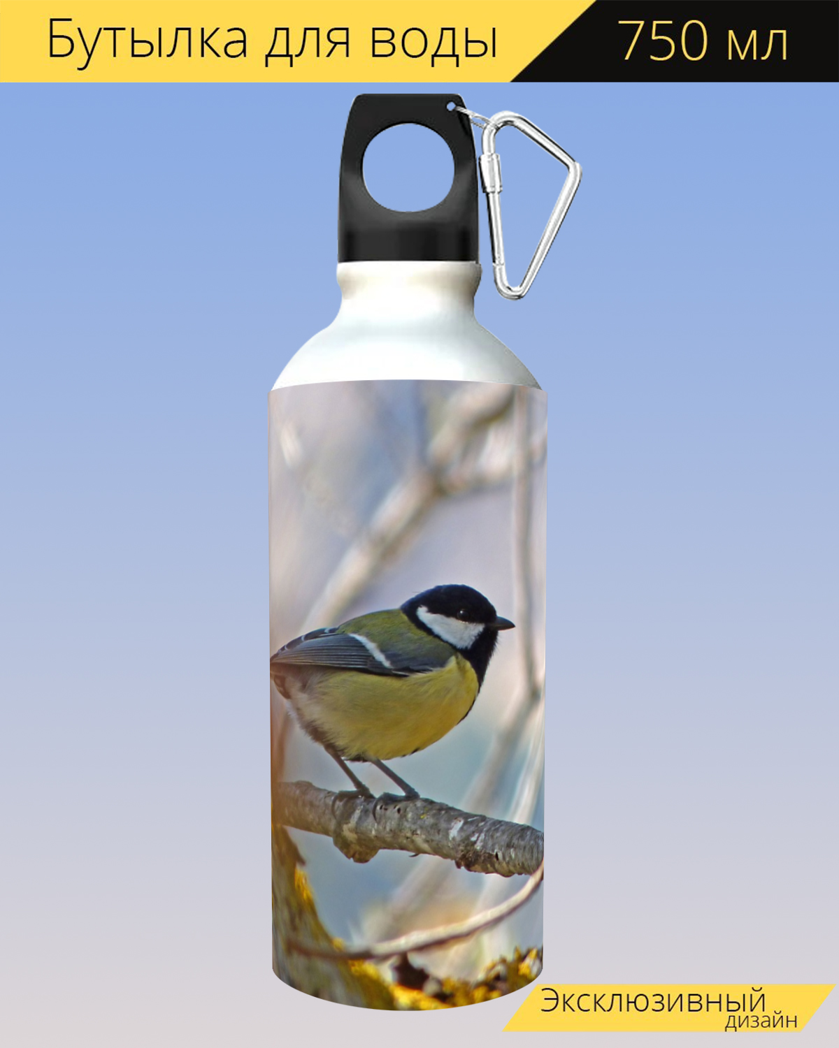 Бутылка фляга для воды "Большая синица, парус основных, уголь mallarenga" 750 мл. с карабином и принтом