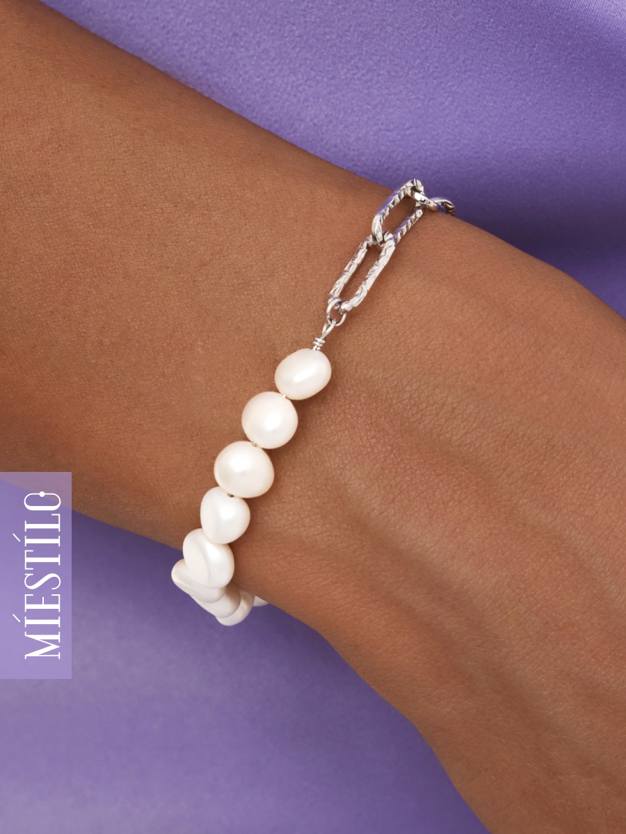 Браслет-цепочка, серебро, 925 проба, родирование, жемчуг культивированный