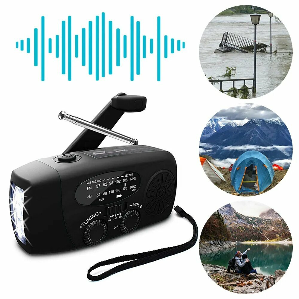 Портативный AM/FM-радиоприёмник с солнечной панелью, ручным генератором и светодиодным фонарём