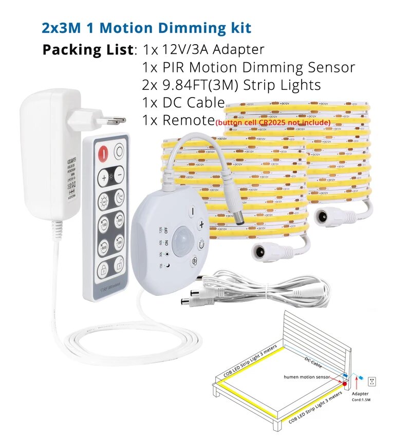Светодиодная лента для подсветки кровати с пультом и 2X3M 1 Motion Dimmer, Pure White 6000K, US Plug