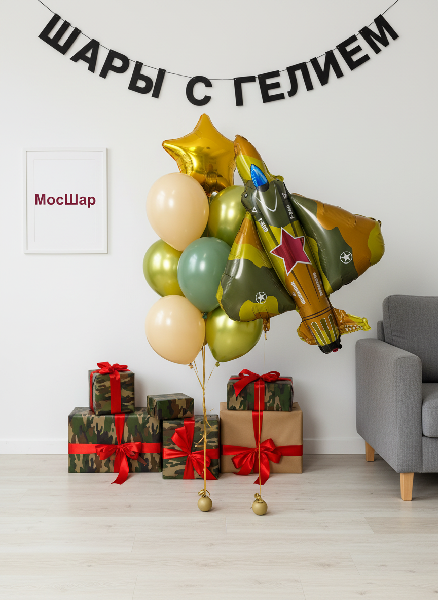 Композиция из воздушных шаров на 23 февраля камуфляж, Самолет, наполнение гелием