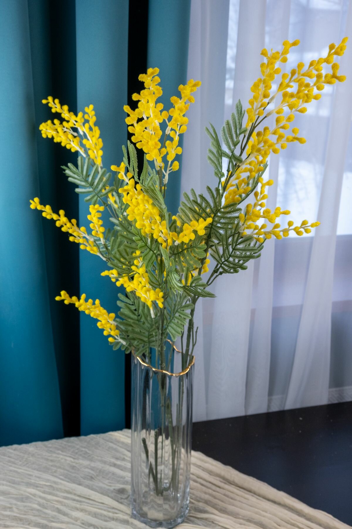 Искусственные цветы мимоза желтая высокая 95 см для декора пасхи букет 3 ветки