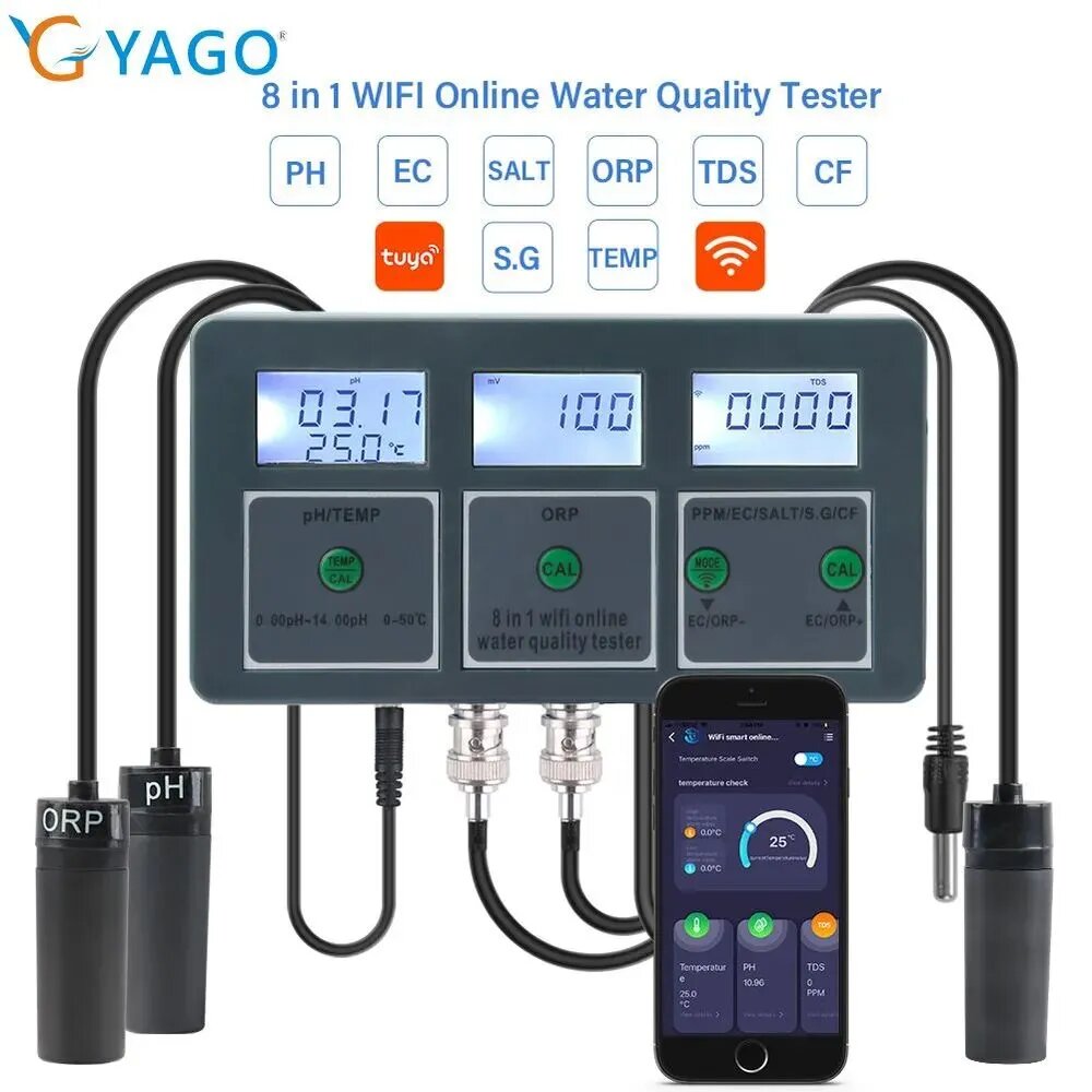 Тестер качества воды для аквариума, 8 в 1 WiFi Умный PH метр, Монитор ORP/TDS/EC/SALT/TEMP для питьевой воды в бассейне