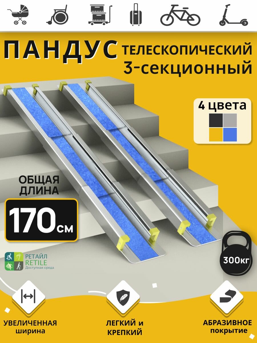 Пандус 170 см телескопический 3-секционный Антислип, синий (рабочая длина 160 см + 2 опор. площадки по 5 см)