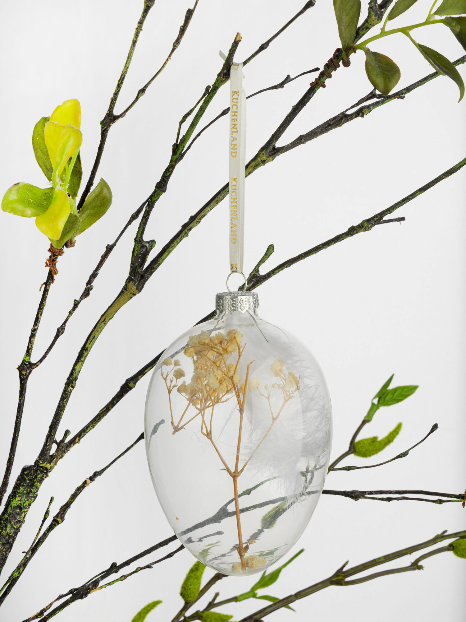 Подвеска декоративная, 8х11 см, стекло, с сухоцветами, белая, Яйцо, Tradition Easter, Kuchenland
