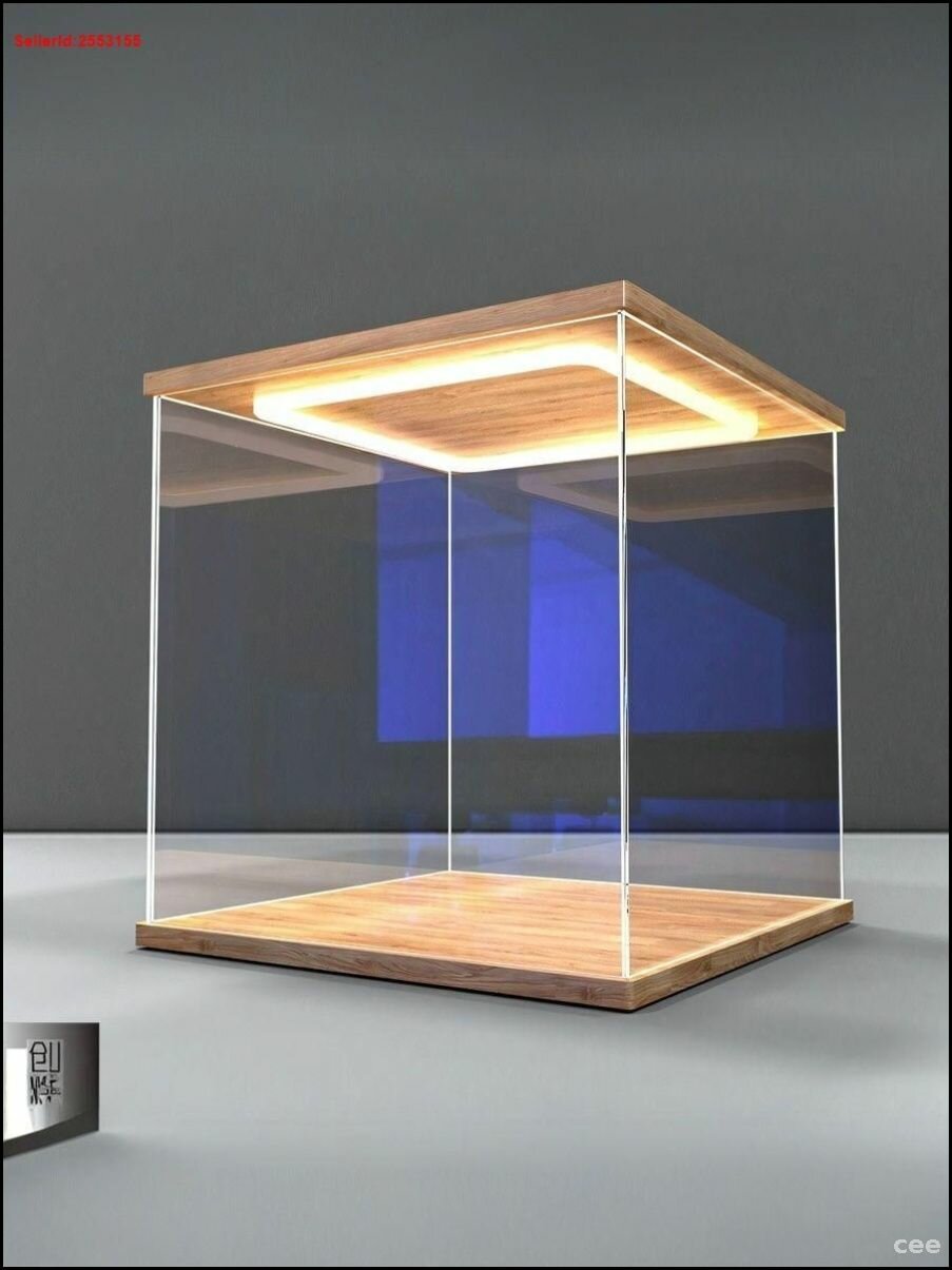 Эксклюзивная витрина с акриловым стеклом и деревянной подставкой, оснащенная подсветкой и открывающейся дверцей для коллекционных экспонатов