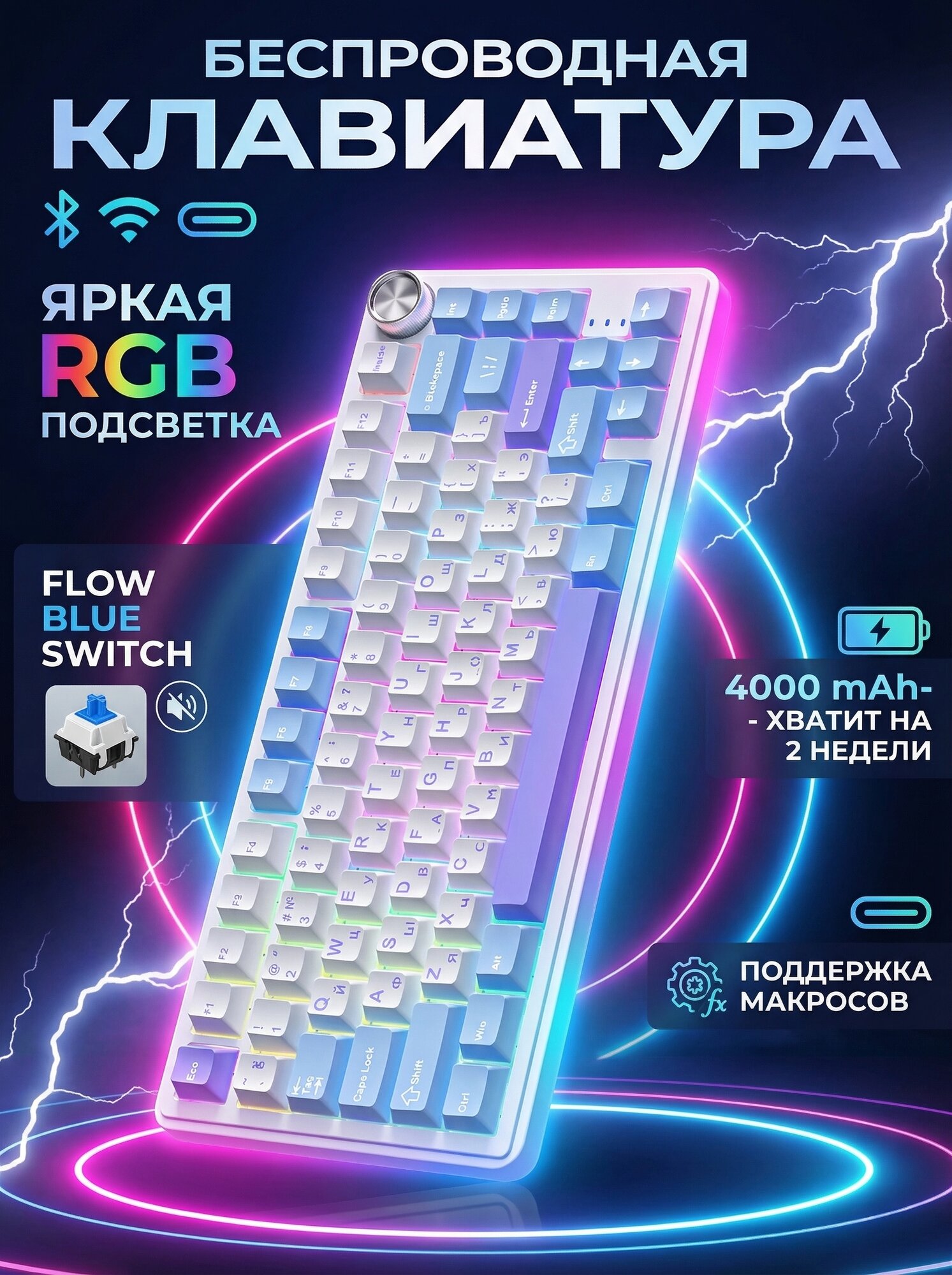 Клавиатура игровая CyberLynx RX75 Pro Glow Blue, беспроводная, русская раскладка, белый