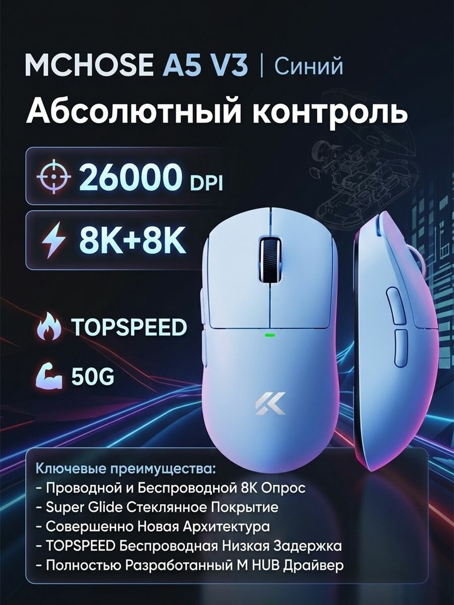 Игровая мышь MCHOSE A5 V3 синяя, беспроводная 8K, PAW3395, 56г, SuperGlide покрытие, TTC Gold, для FPS