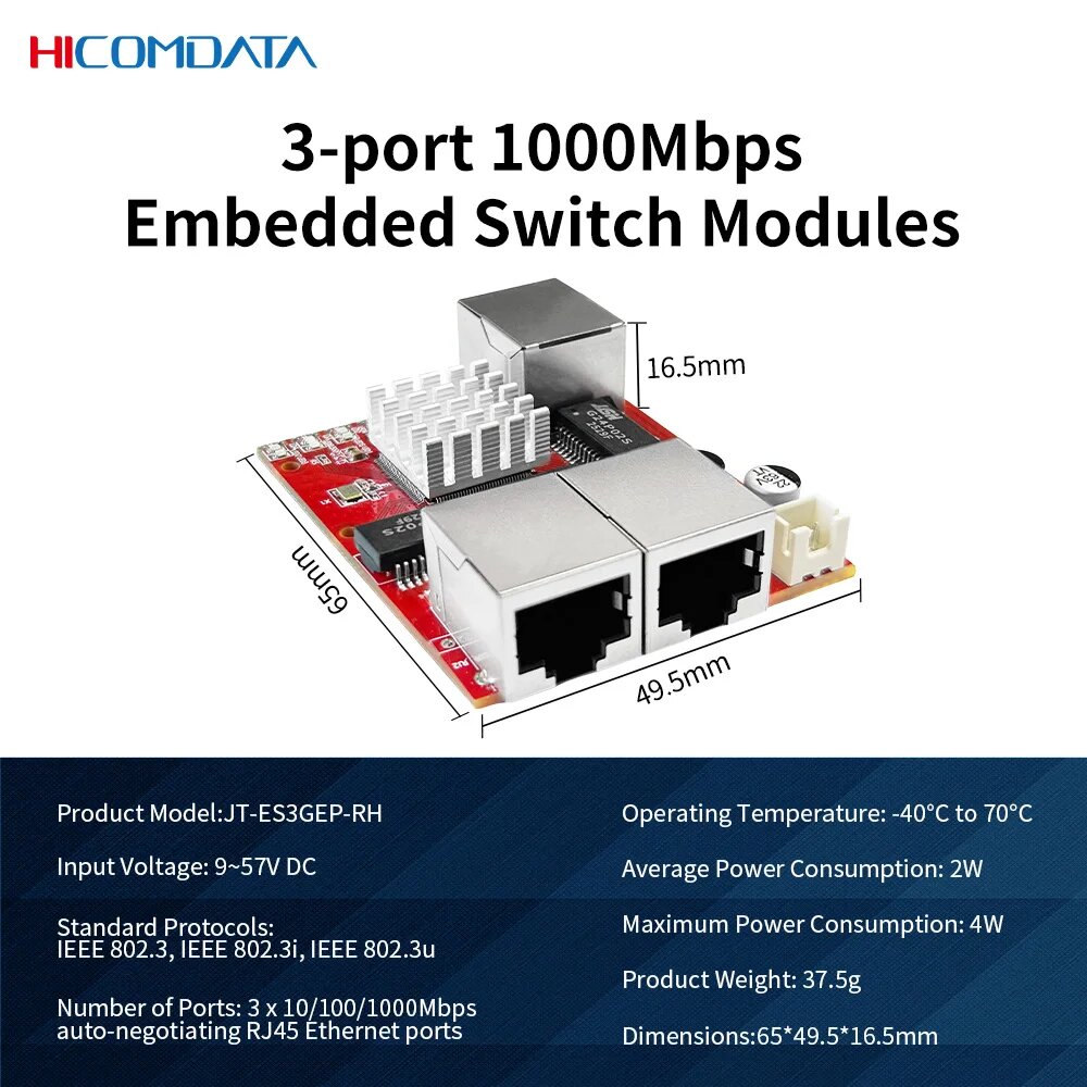 Коммутатор Ethernet 3-port 1000Mbps JT-ES3GEP-RH