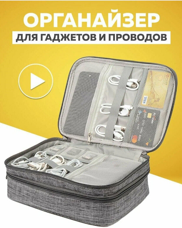 Органайзер GOOD HOME, для проводов и аксессуаров, на молнии, серый， водоотталкивающий