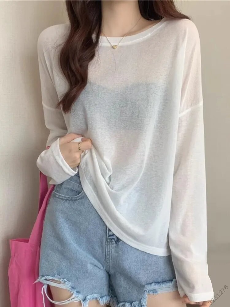 Женский полупрозрачный лонгслив оверсайз из тонкой сетки паутинки, корейский тренд