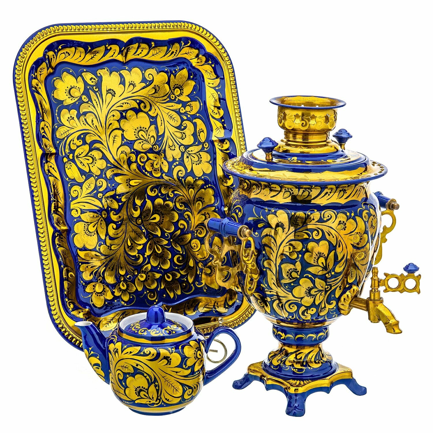 0076442 Самовар электрический "кудрина" синий, желудь 3 предм.