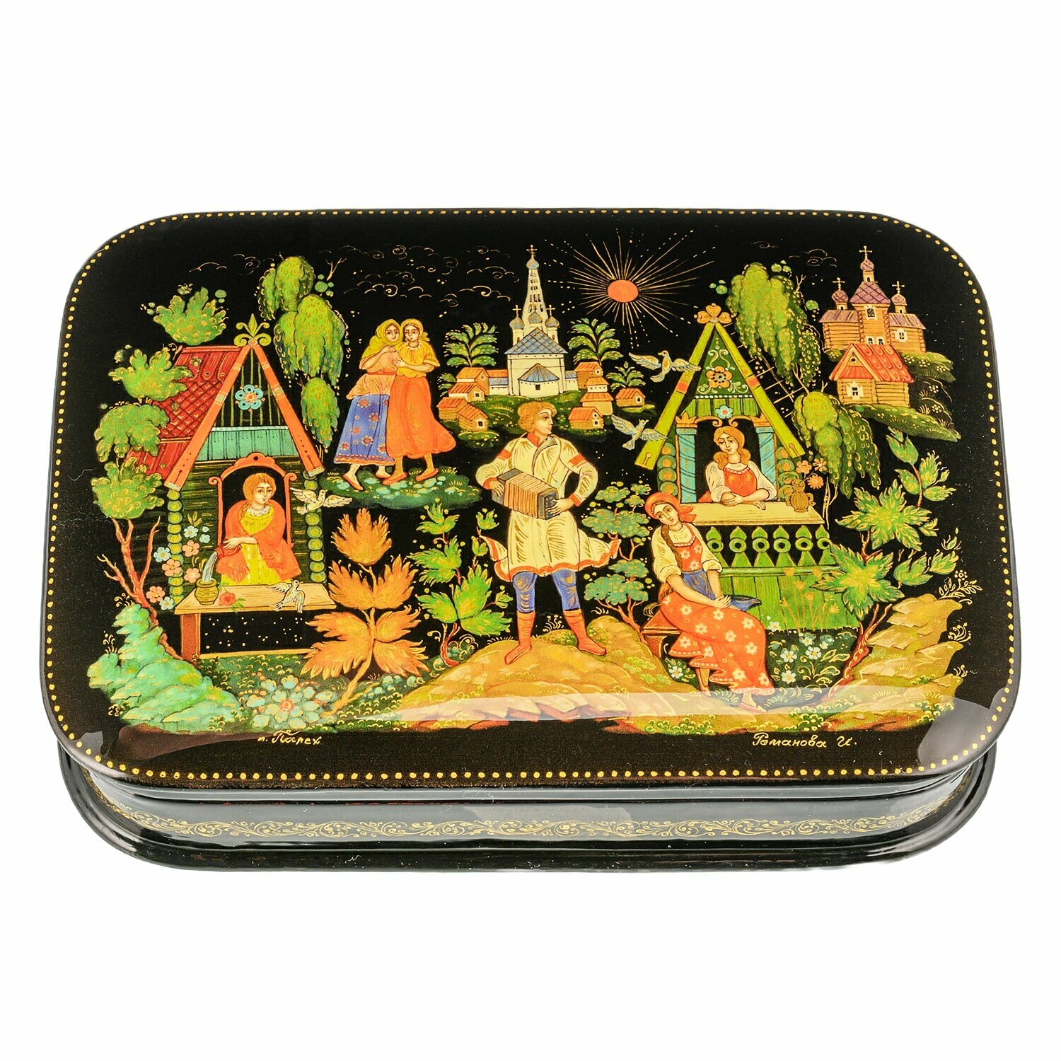 208481/17*12см Лаковая миниатюра Палех шкатулка "Гармонист" Романова