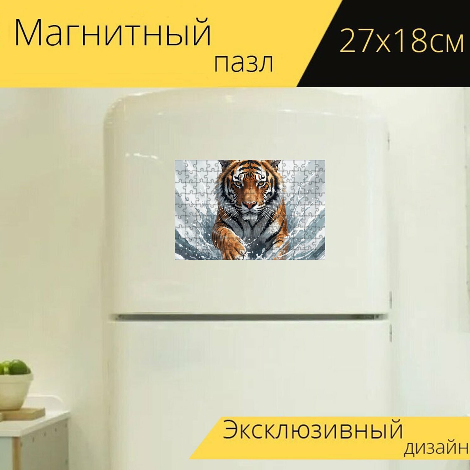 Магнитный пазл "Тигр в водяных брызгах. Реалистичный хищник с пронзительным взглядом мчится сквозь бурные водные всплески, оранжево-черные полосы, белые." на холодильник 27 x 18 см.