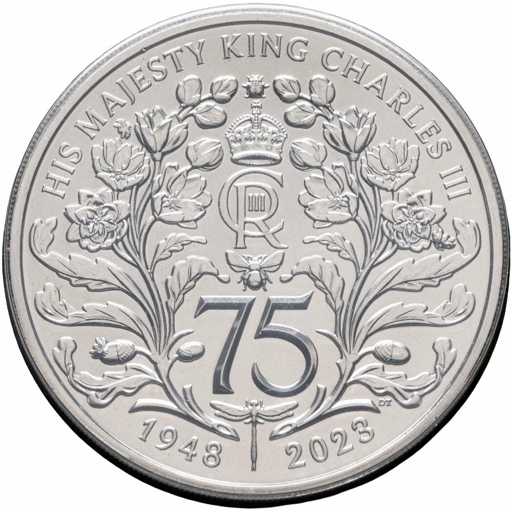 Великобритания 5 фунтов pounds 2023 "75 лет со дня рождения Его Величества Короля Карла III" в буклете, Мельхиор медь-никель, в сохранности BUNC