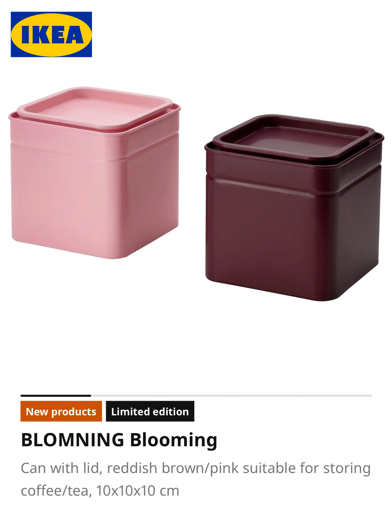 Банка с крышкой BLOMNING IKEA, набор из 2 шт, красновато-коричневая/розовая, подходит для хранения кофе/чая, 10x10x10 см.