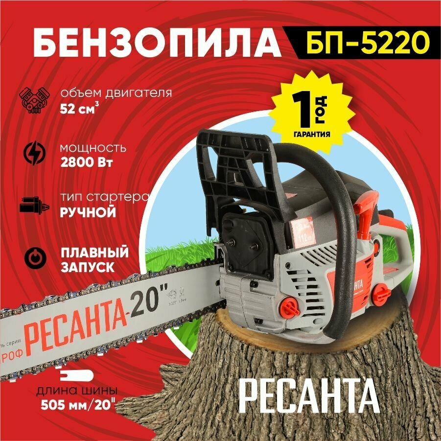 Бензопила БП-5220 Ресанта (52см3, 3,8лс, 20", 76зв) лёгкий запуск Уцененный товар