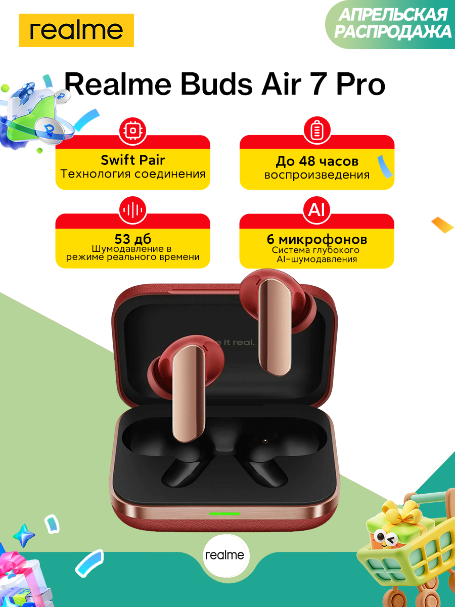 Наушники Realme Buds Air 7 Pro, Красные (Fiery Red), RMA2407, (Версия для РФ)