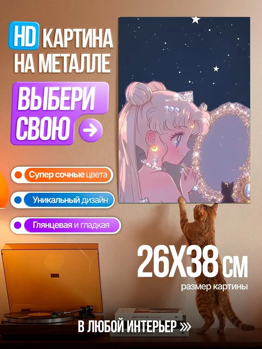 Картина на HD металле Сейлор Мун и кошка