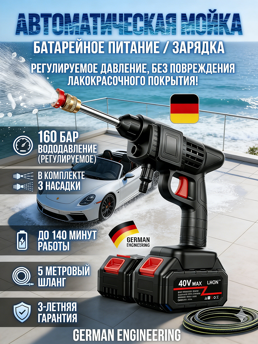 Аккумуляторная автомойка , высокого давления, для автомобиля, в кейсе 2 аккумулятора, минимойка с пистолетом