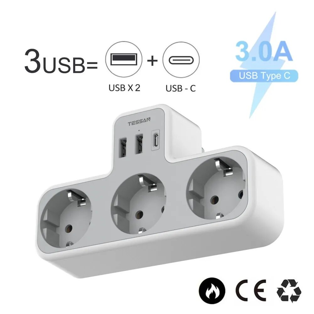 Эксклюзивный сетевой адаптер Tessan на 3 розетки, 2 USB и TypeC с защитой от перегрузок