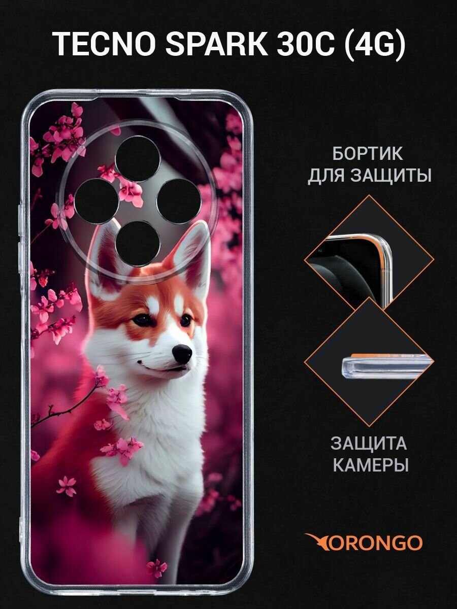 Чехол на Tecno Spark 30C 4G прозрачный с рисунком, с защитой камеры, с принтом акита / Текно Спарк 30С