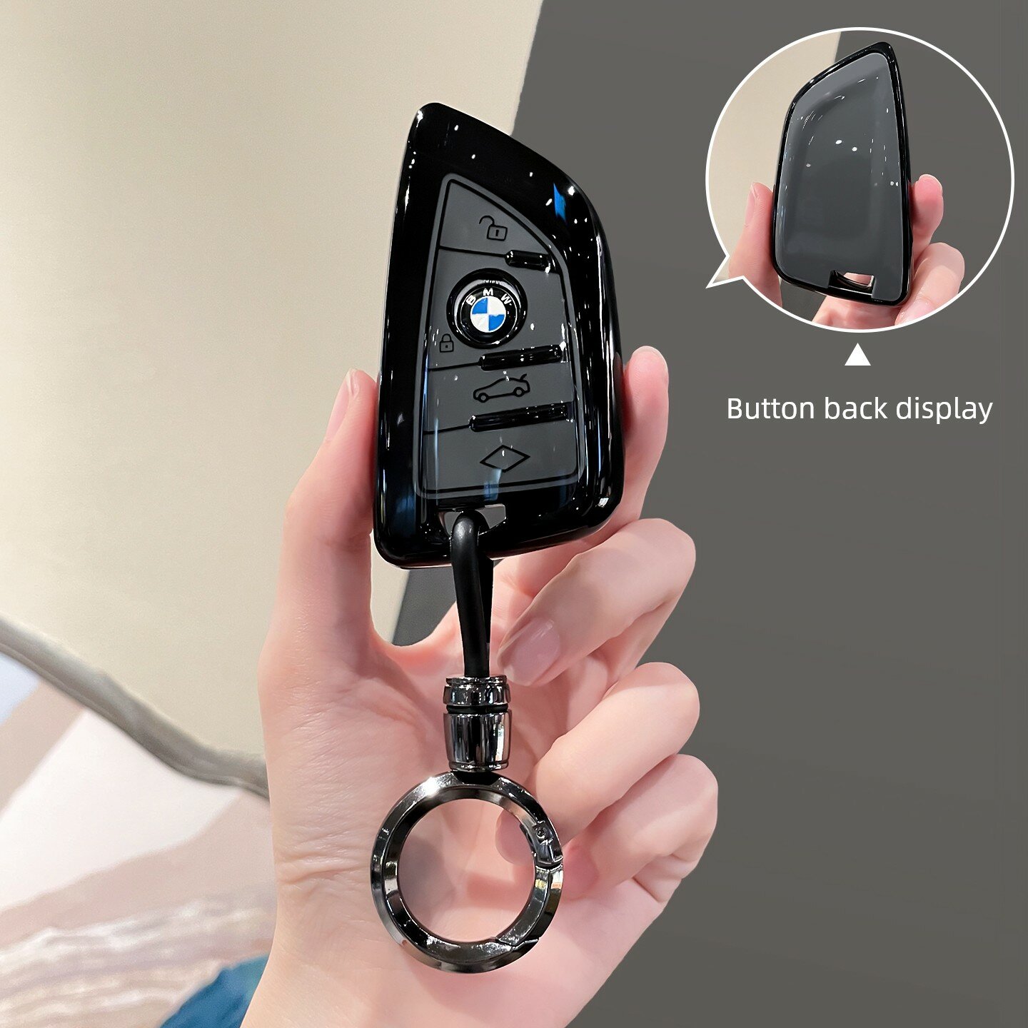 BMW Ключевой чехол — Высокоглянцевая черно-серая отделка с гранатовым кольцом, премиум-аксессуар для автомобильных
