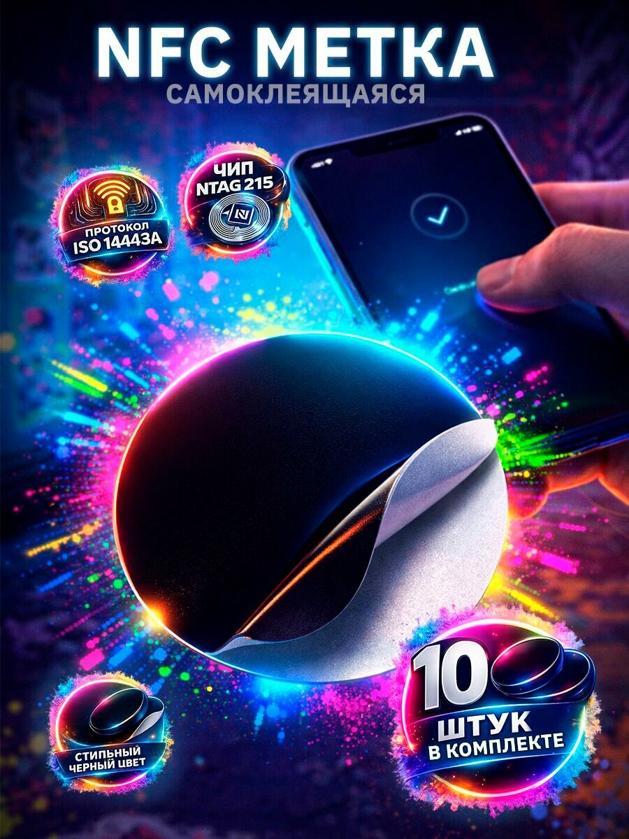 NFC метка наклейка Ntag215 для умного дома, самоклеящаяся, перезаписываемая, умная визитка, Цвет черный,10 штук