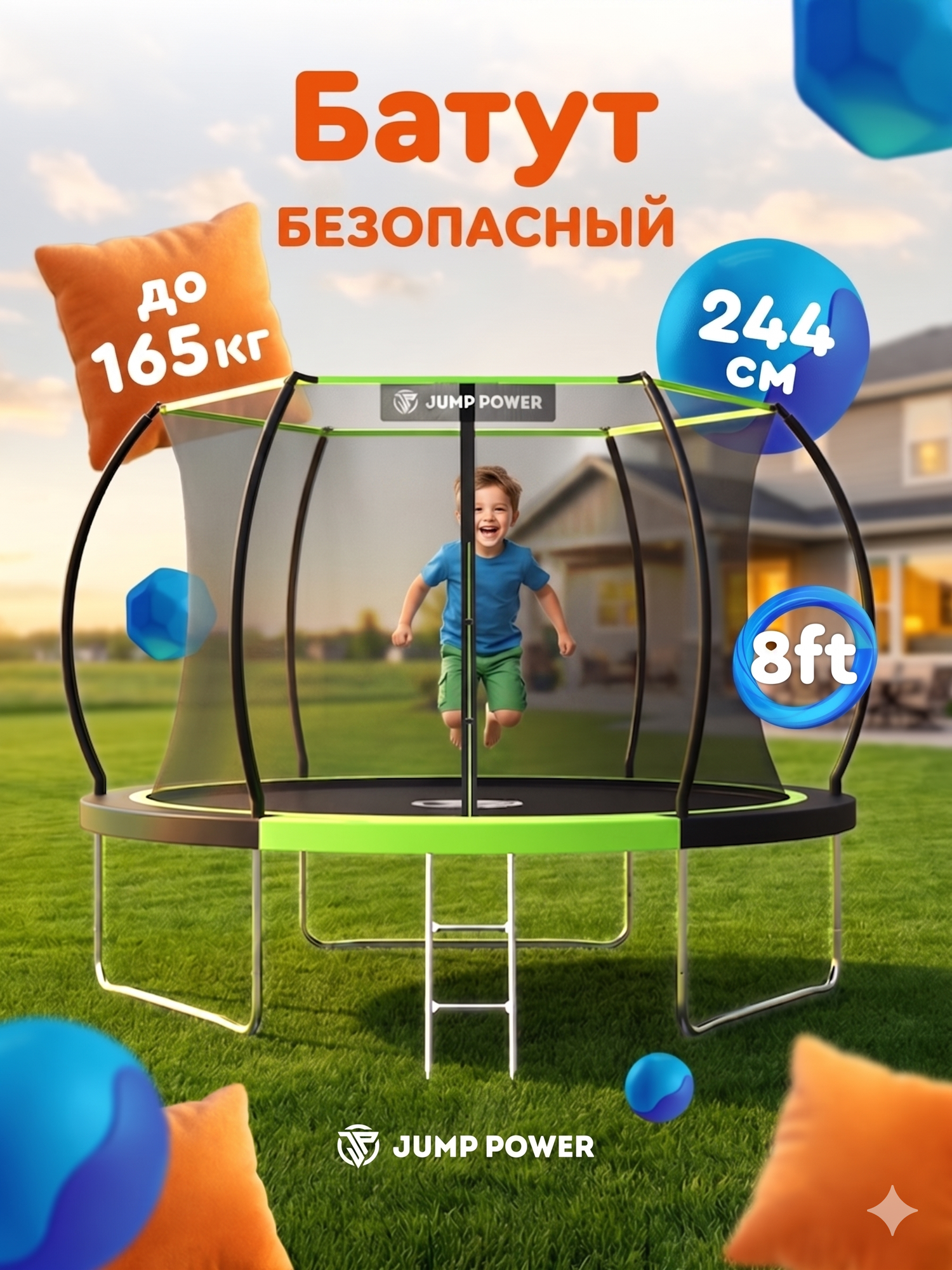 Батут каркасный с защитной сеткой JUMP POWER 8FT 244см Inside Lite