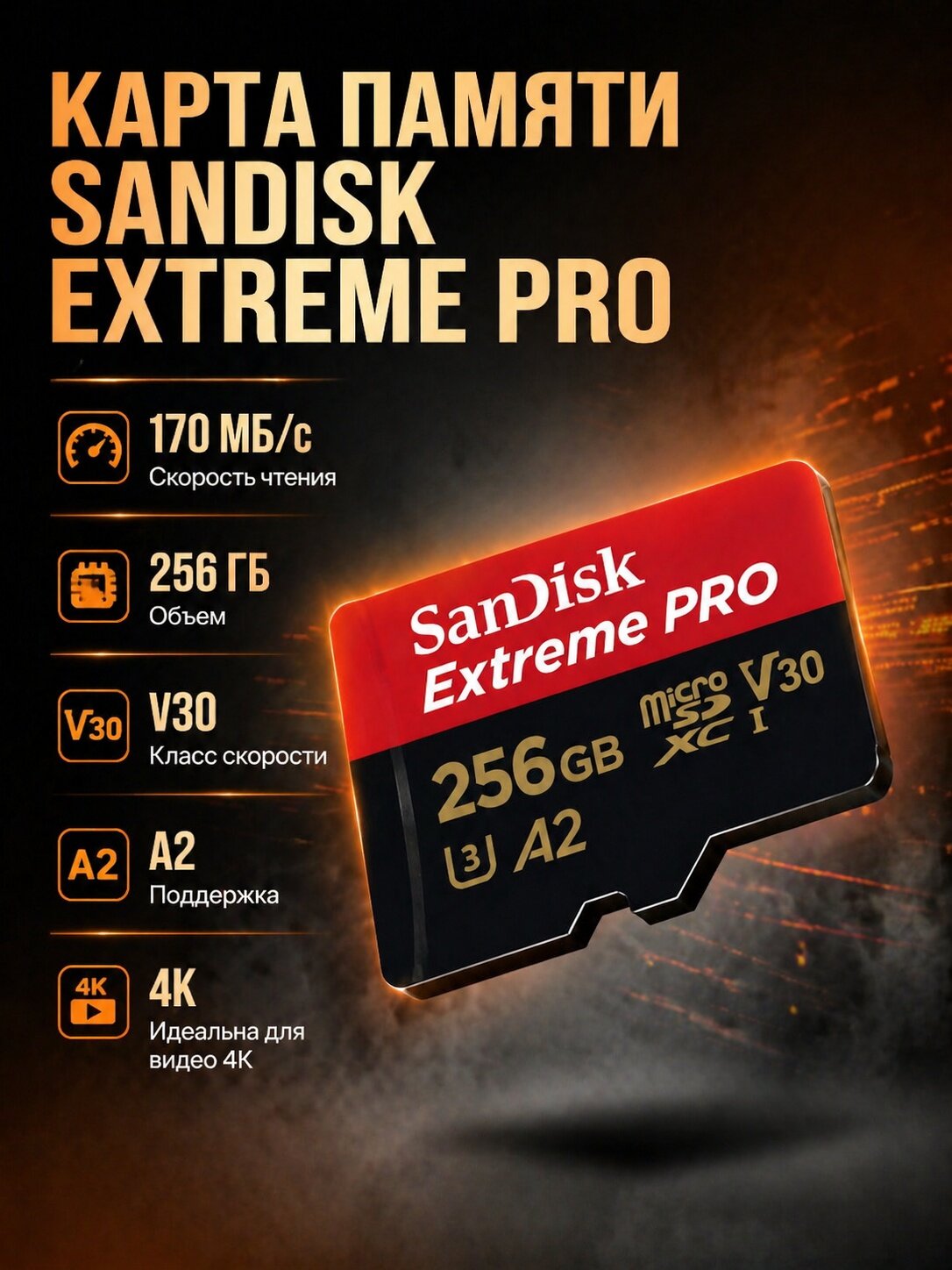 Карта памяти SanDisk Extreme Pro, 256ГБ, MicroSD, UHS-I, V30