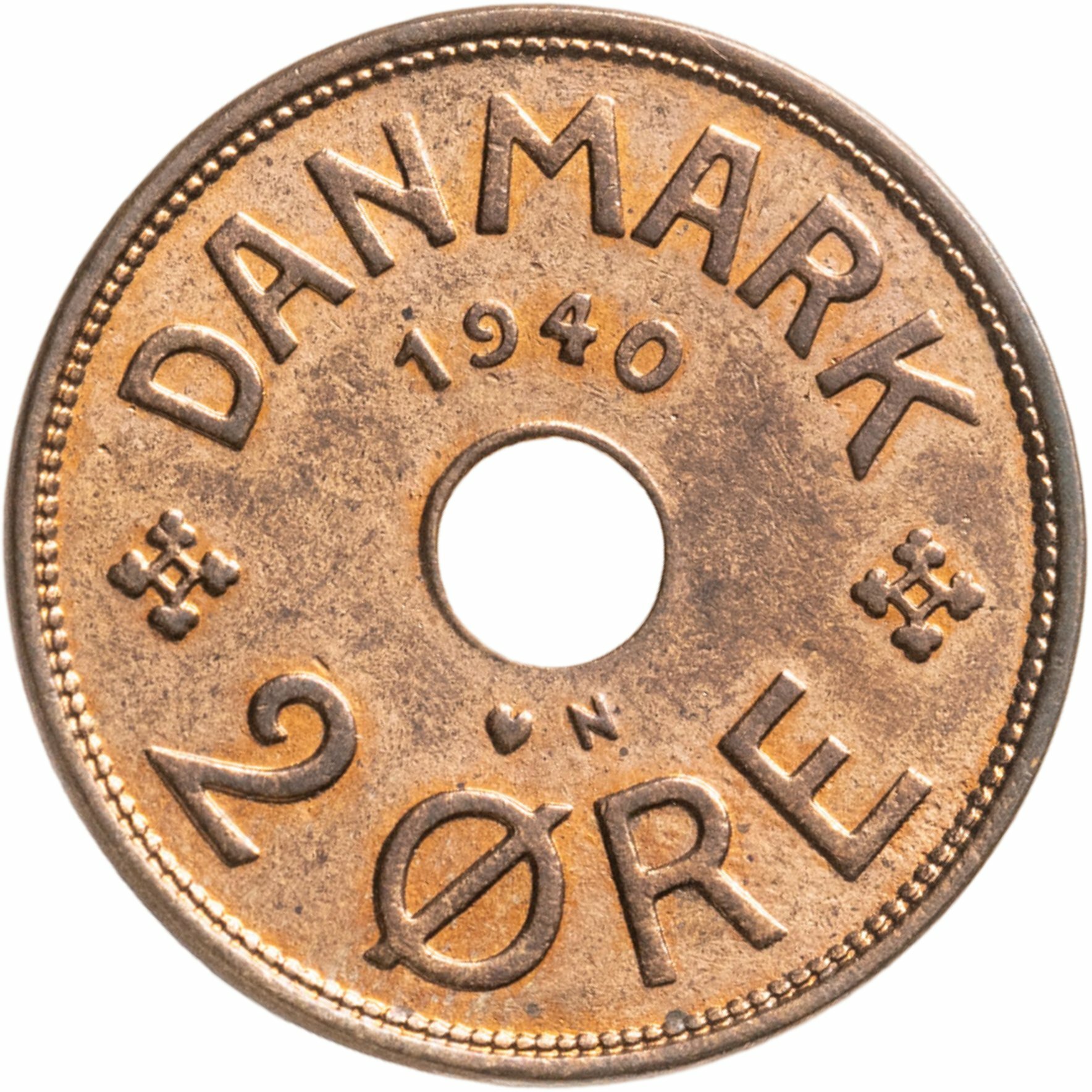 Дания 2 эре ore 1940, Бронза, в сохранности VF