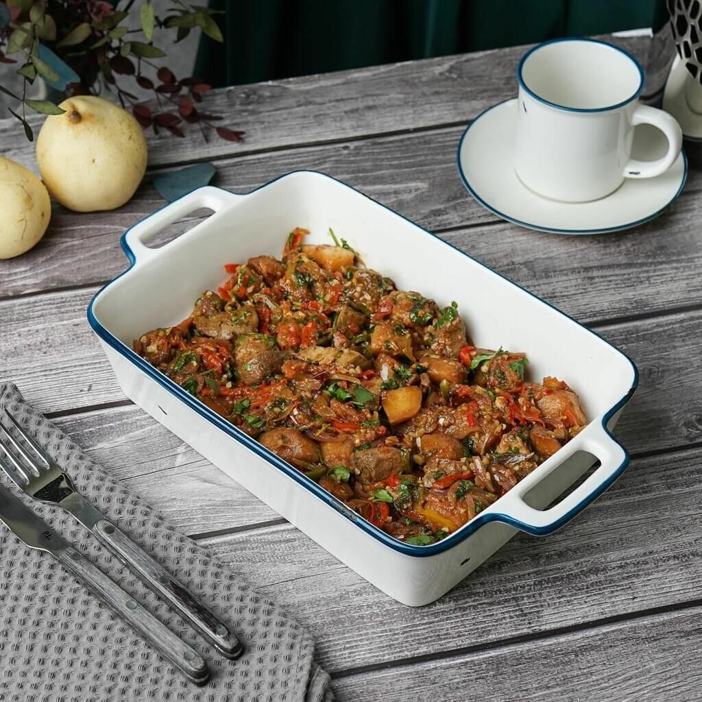 Блюдо P.L.Proff Cuisine Bakery Fusion, фарфор, 34x20x6.6 см, с ручками, белое, синее