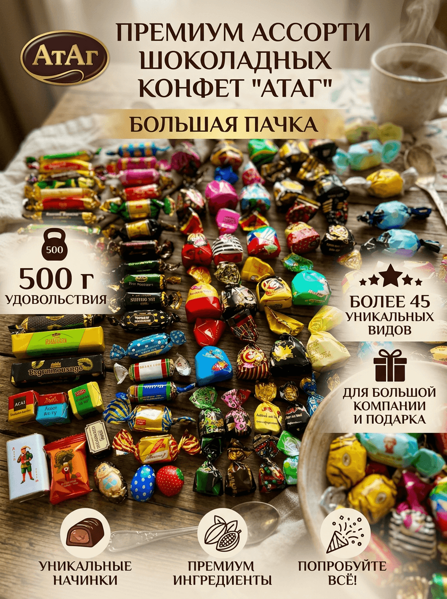 Конфеты АтАг "Ассорти", в шоколаде, 500гр, без ГМО, картонная коробка
