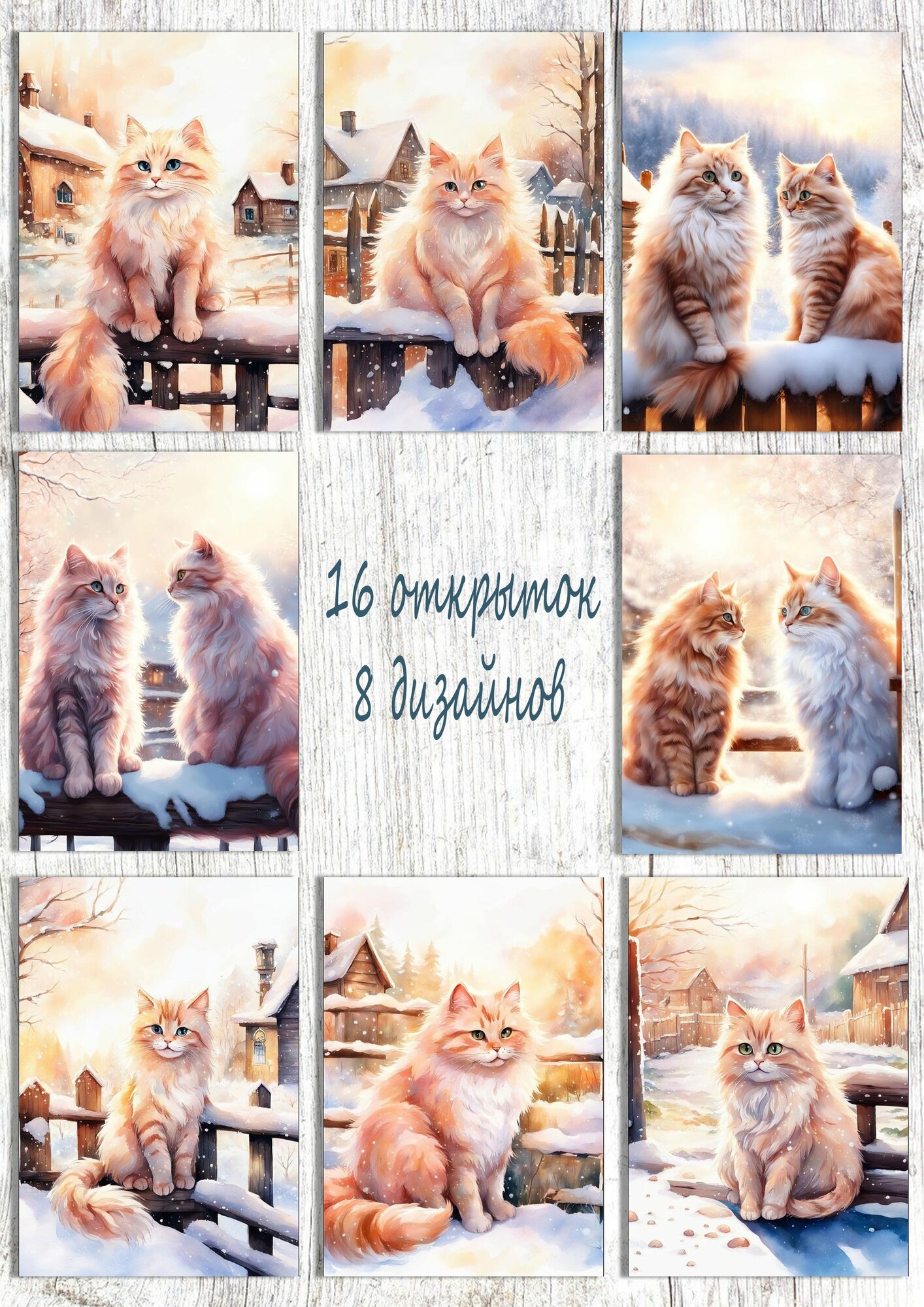 Открытки зимние котики, 16 штук
