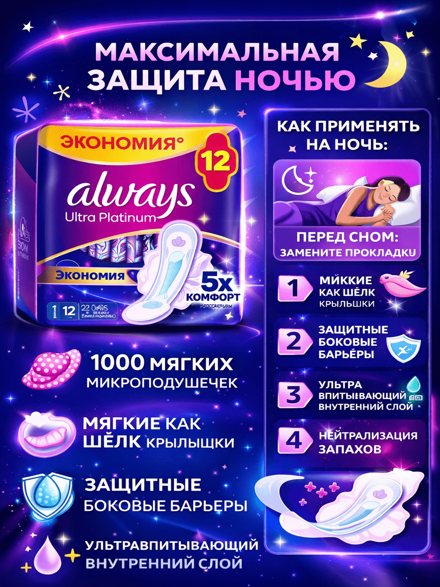 Прокладки гигиенические Always Ultra Platinum Night, 12шт