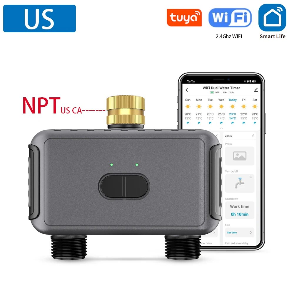 Tuya WiFi таймер полива 2-зонный, US NPT