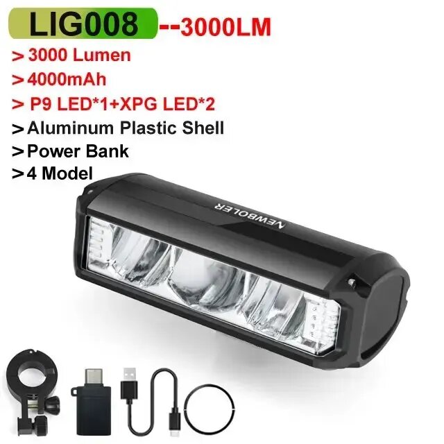 NEWBOLER Велофонарь 3000LM, 4000mAh, P9+XPG