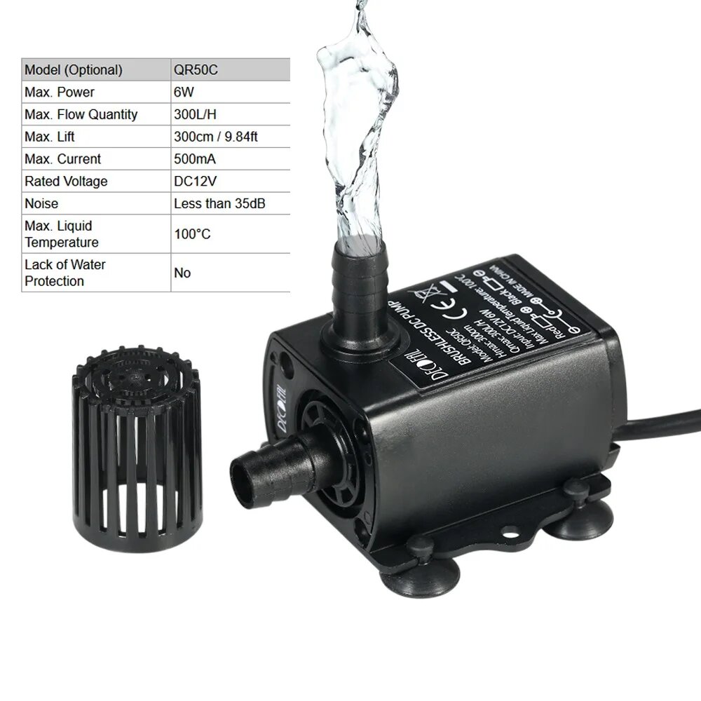 Мини водонасос DC12V 6/10Вт, бесщеточный, резиновый