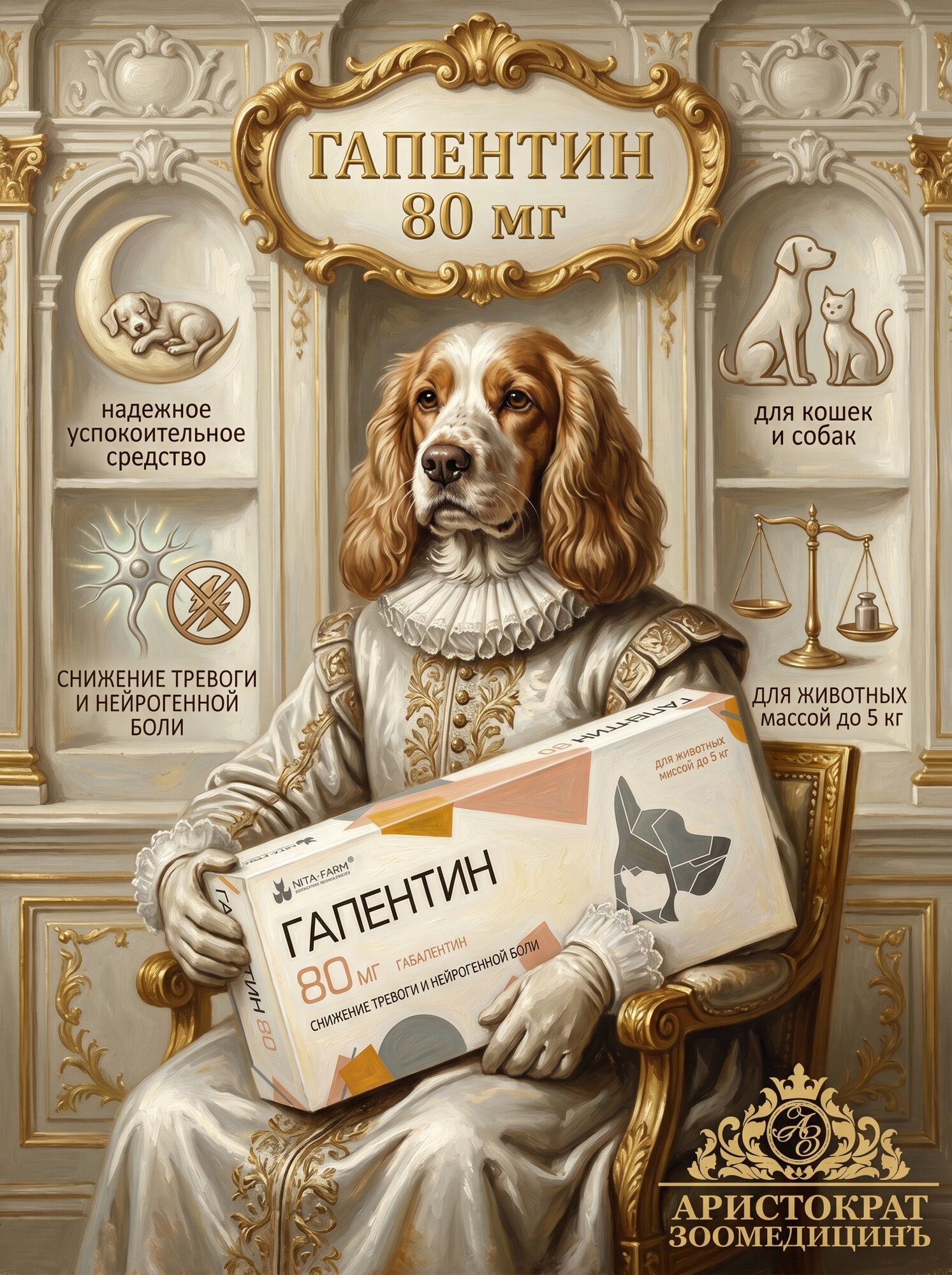 Гапентин 80мг, 10 таблеток, успокоительное средство для кошек и собак