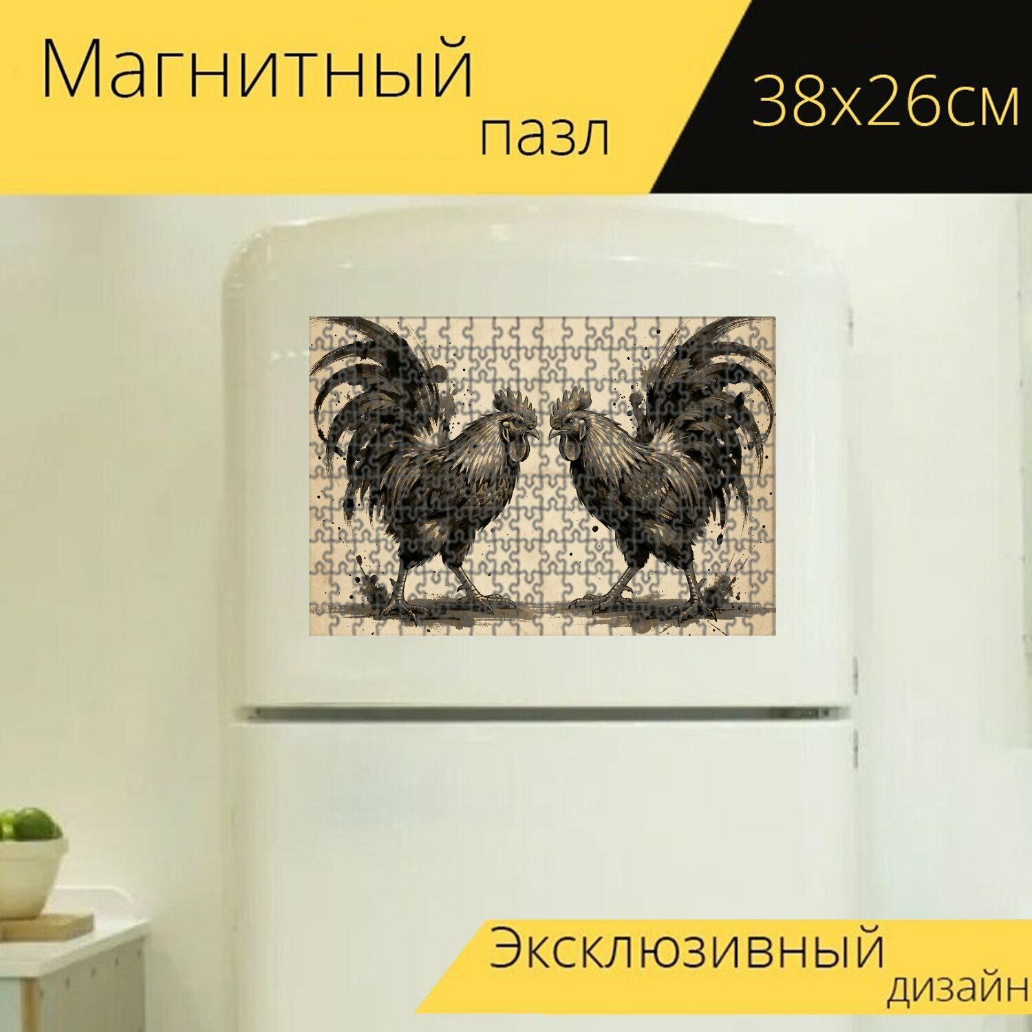 Магнитный пазл "Поединок двух петухов. Две задиристые птицы в зеркальной композиции, тушевая графика с брызгами, бежево-черная винтажная палитра, брутальный." для интерьера, 38х26 см.